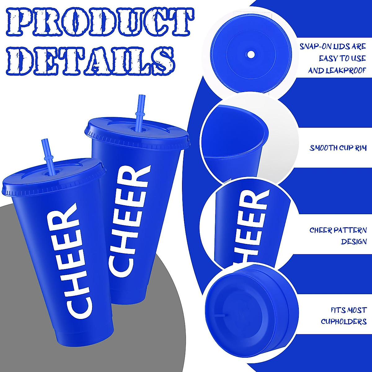 Layhit Cheer Teams Gifts Cheer Tumbler Cups Bulk 24 oz Reusable Cheer Plastic Tumbler with Straw and Lid Cheer Water Bottles for Team(Blue,12 Sets)