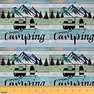 Camper Print Reupholstery Fabric 1 Yard Happy Camping Upholstery Fabric for RV Camping Fabric by The Yard Blue Patchwork Decorative Waterproof Outdoor Fabric for Chairs
