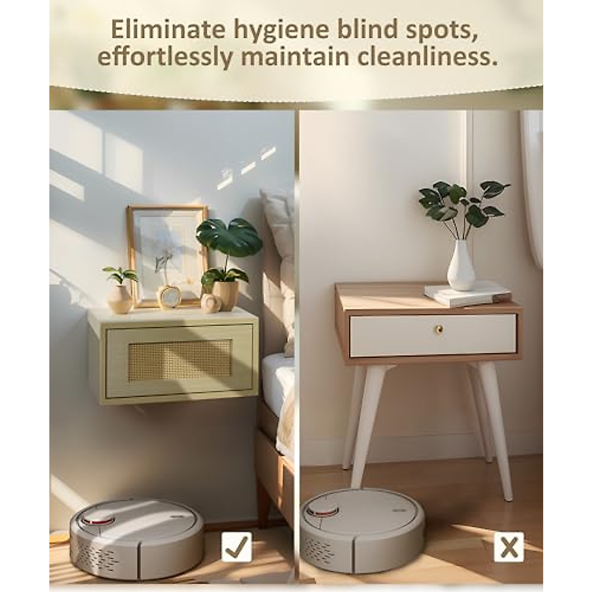 SUMGAR Floating Nightstand Set of 2 Rattan Boho Bedside Table Organiser Shelf Wall Mounted Pair of Beige Storage Display Wood Small Furniture for Bedroom Home Decor