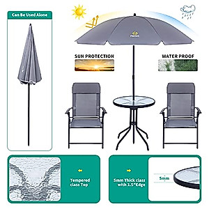 Nice C 3 Piece Patio Dining Set, Garden Outdoor Furniture Table Set with Tilted Removable Umbrella, Glass Table, and 2 Folding Chairs (Grey)