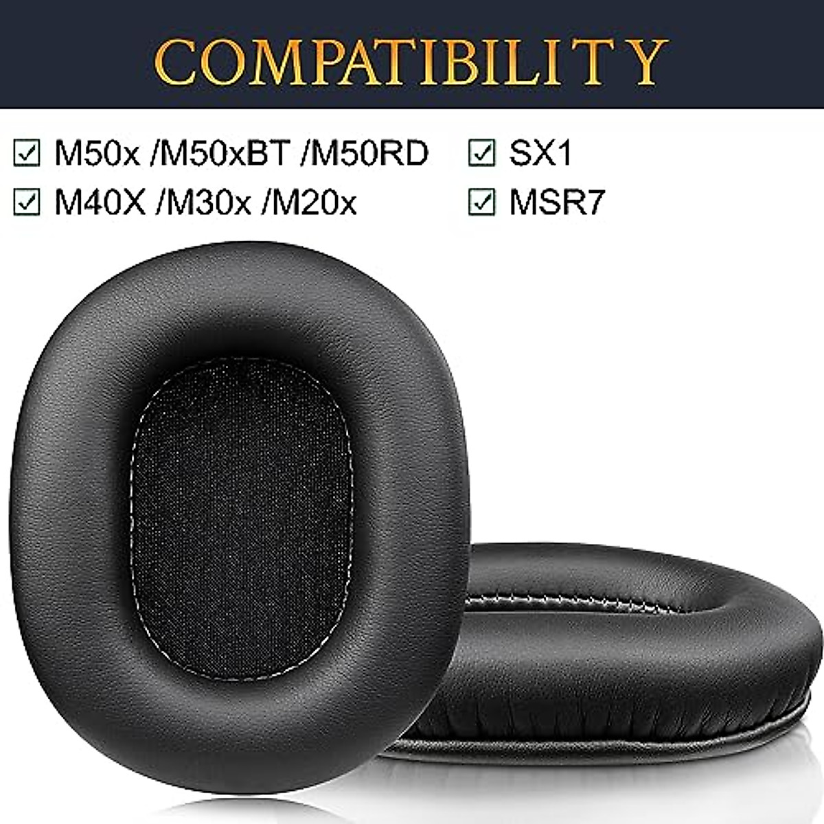 SOULWIT Earpads Replacement for Audio Technica ATH M50X M50XBT M50RD M40X M30X M20X MSR7 SX1 Monitor Headphones, Ear Pads Cushions with Softer Protein Leather, High-Density Memory Foam - Black