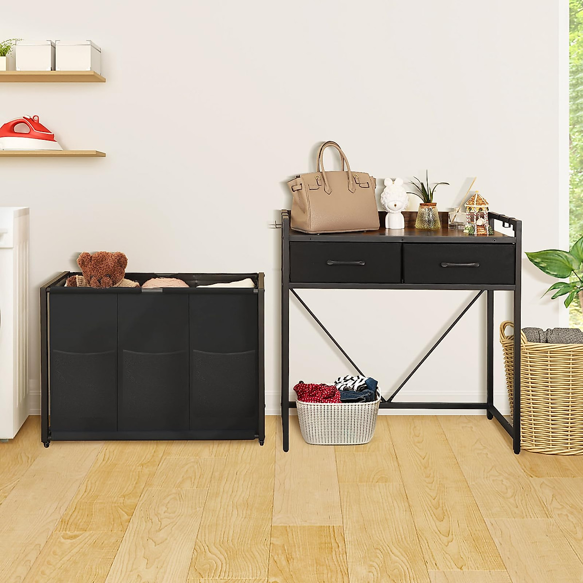 Laundry Sorter with wheels, Laundry Hamper 3 Section with shelf - 3 × 10.5 Gal (120L) Capacity, Laundry Basket with Drawers for Clothes-1 Storage Shelf, Laundry Organizer for Laundry Room, Bedroom