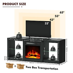 BREEZEHEAT 58inch Electric Fireplace TV Stand for 65'' TV-Entertainment Center with 18'' Fireplace and Led Light-TV Console with Glass Shelves, Power Outlets, Remote Control (Black Marble)