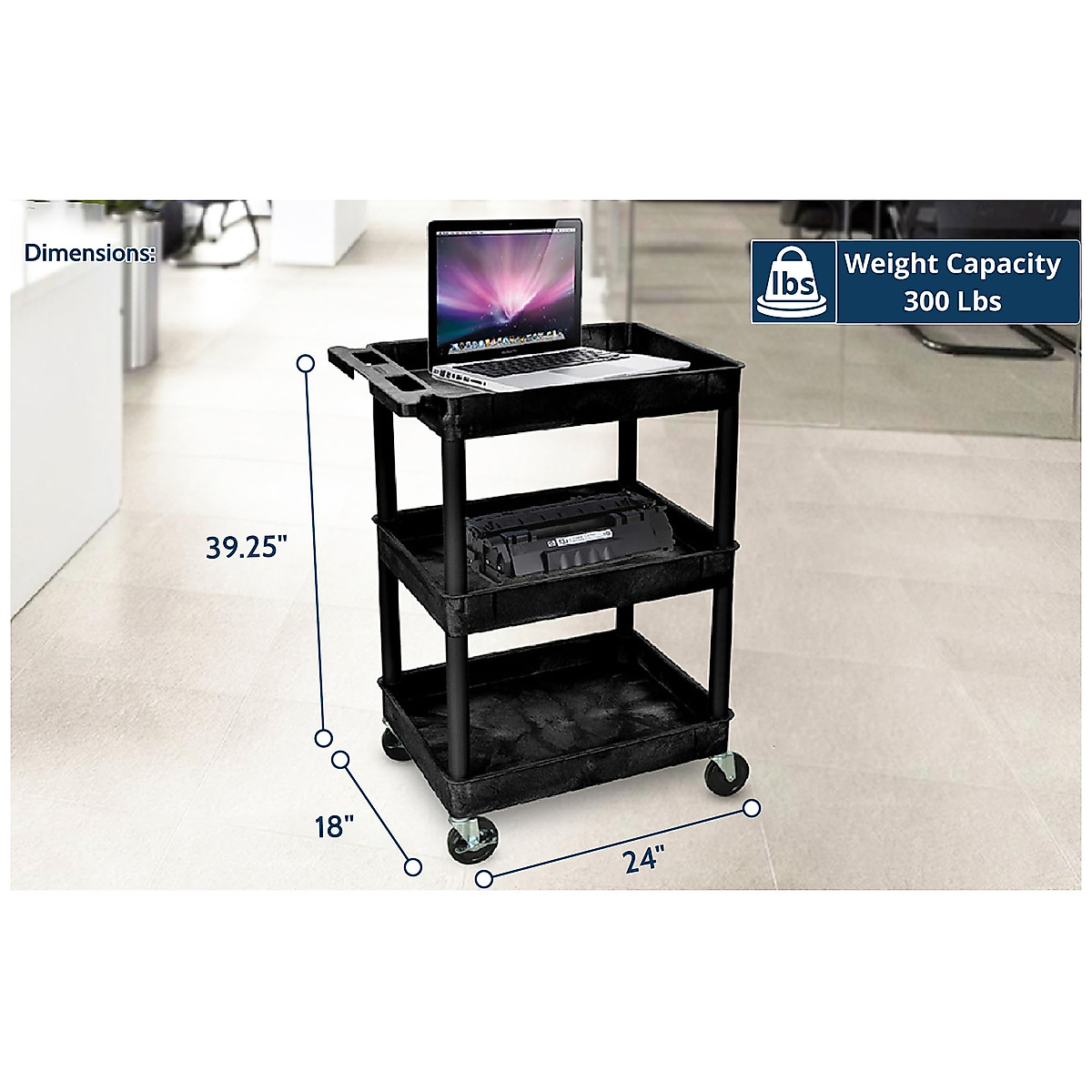 Offex 39.25" H Mobile Multipurpose Utility Tub Cart with 3 Shelves and Push Handle - Black, Great for Warehouse, Garage and More