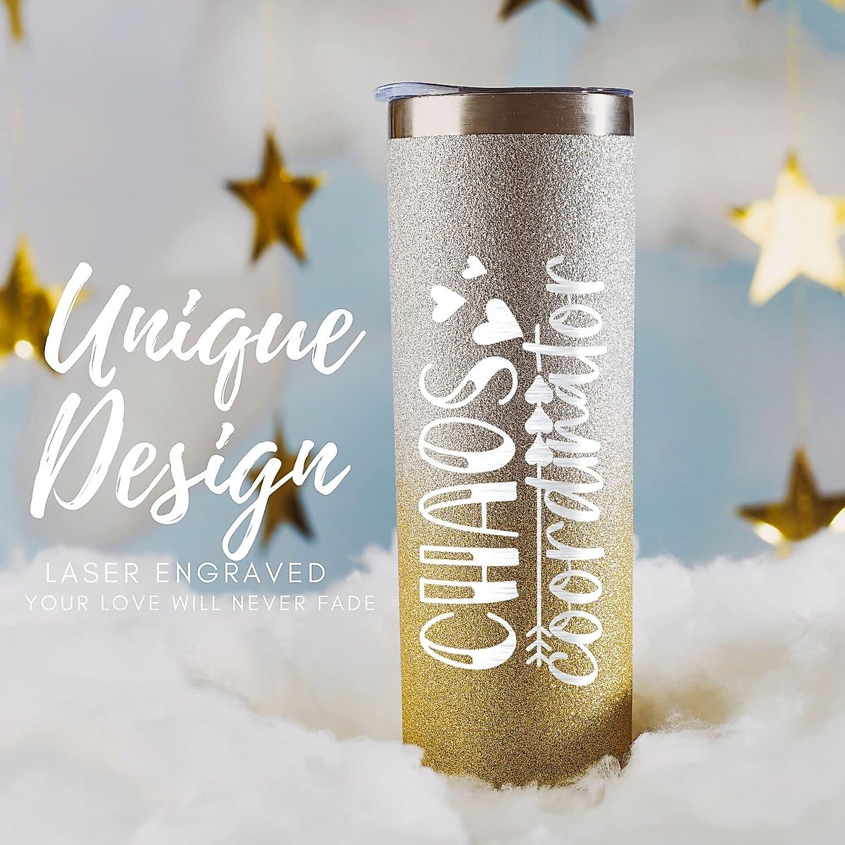 Onebttl Boss Lady Gifts for Women, Chaos Coordinator Tumbler for Boss, Secretary, Manager, Coworkers, Stainless Steel Skinny Tumbler 20oz with Lid and Straw, Glitter Silver & Gold