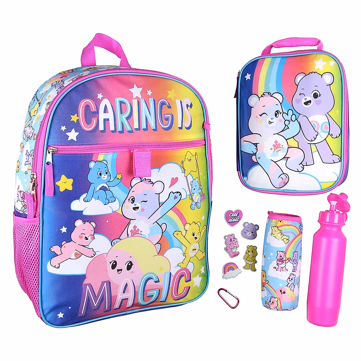 Carebears Caring Is Magic 16" Backpack Lunch Tote Water Bottle Sticker Set 5 Pc Mega Set