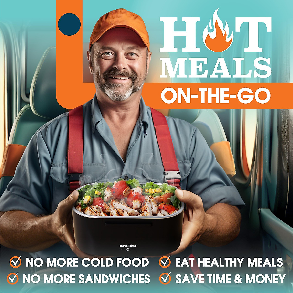 TRAVELISIMO Electric Lunch Box for Adults 80W, Fast Portable Heated Lunch Box 12/24/110V 1.5L Food Warmer Lunch Box, Leakproof, SS Container, for Car Truck Work, Loncheras para Hombres de Trabajo