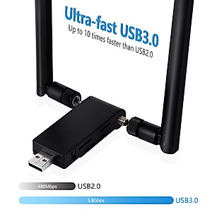 OOWOLF USB WiFi Adapter 1200Mbps Dual Band 2.4GHz/300Mbps 5.8GHz/867Mbps USB 3.0 Wireless WiFi Dongle with 5dBi High Gain Antenna for PC, Desktop, Laptop of Windows XP/Vista/7/8/10, Mac, Linux