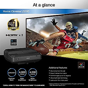 Epson Home Cinema LS100 3LCD Ultra Short-Throw Projector, Digital Laser Display with Full HD and 100% Color Brightness (Renewed) (V11H879520-N)