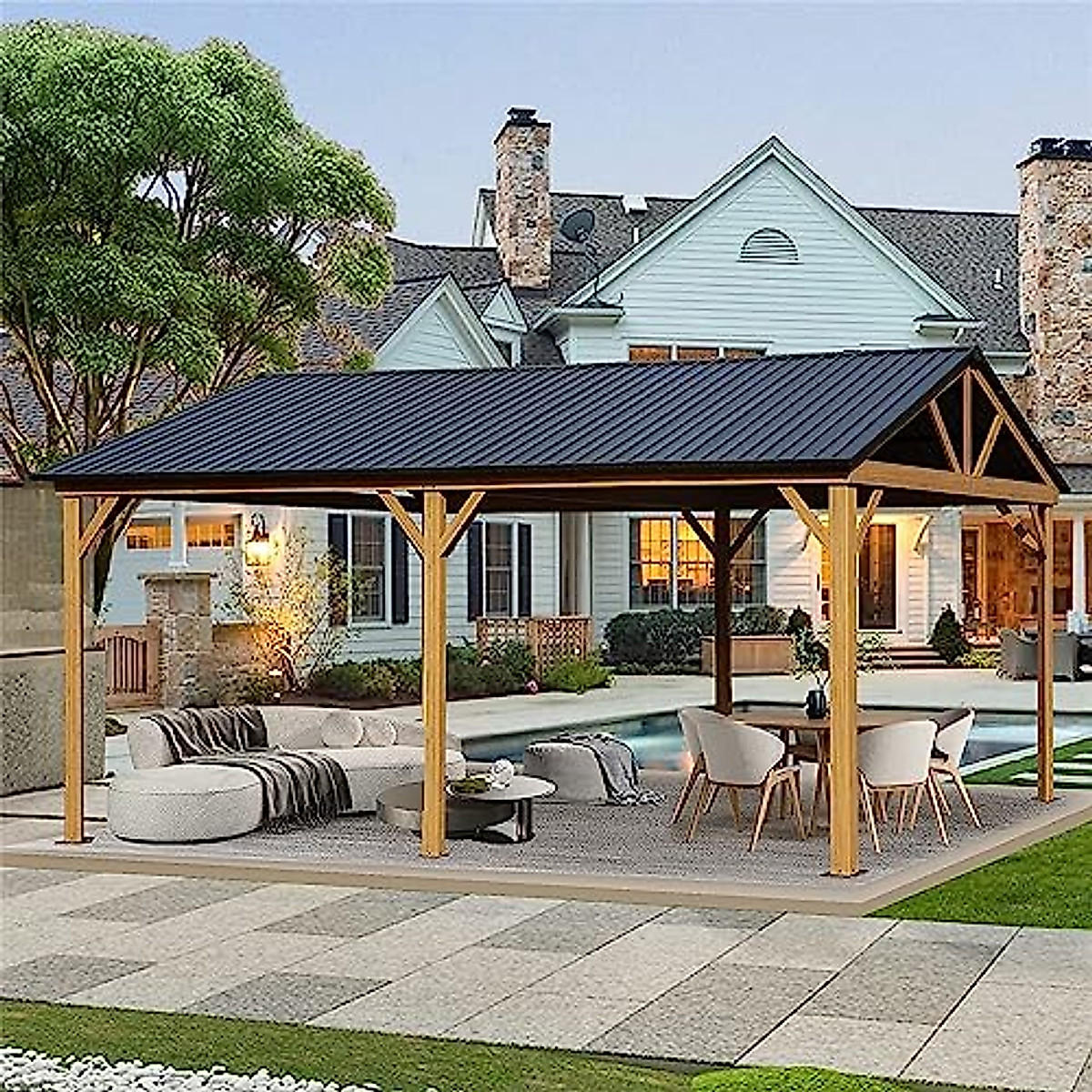 Evedy 12 x 20 Gazebo, Galvanized Steel Gable Roof Gazebo Pergola with Wood Grain Aluminum Frame, Outdoor Hardtop Gazebo Permanent Gazebo Pavilion for Patio, Garden