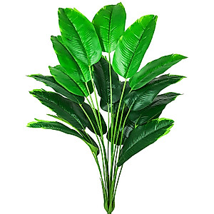 Rozwkeo Artificial Plants Fake Banana Tree Leaves with Stems 31" Tall Faux Bird of Paradise Palm Tree Imitation Frond Green Leaf Tropical Plants Greenery Floral Jungle Party Home Garden Decoration