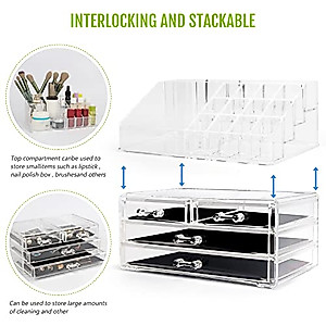 Unaone Clear Cosmetic Storage Organizer, Acrylic Makeup Organizer for Vanity Makeup Storage Organizer Display Cases, Lipstick Holder Organizer Stackable Cosmetic Organizer with 4 Drawers