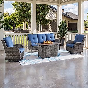 HUMMUH Outdoor Patio Furniture with Fire Pit Table Outdoor Conversation Set PE Wicker Patio Couch Swivel Glider Chairs for Balcony Garden,Lawn,Deck