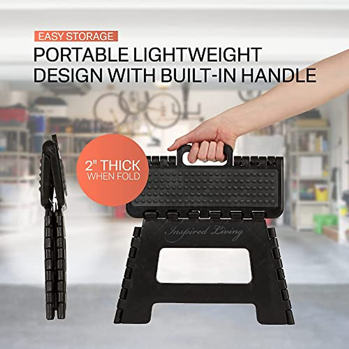 Inspired Living 9" Step Stool, Folding Step Stools for Adults, Plastic Foldable Step Stools Kids, Holds Up To 330 lbs, Collapsible Folding Stool for Kitchen, Bathroom, Bedroom - Black