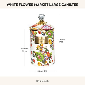 MACKENZIE-CHILDS Large Enamel Canister, Kitchen Storage Container for Flour and Sugar, 1.89 Liters, White Flower Market