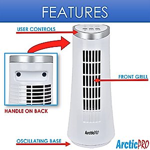 MINI DESK OSCILLATING TOWER FAN By Arctic-Pro – Slim and Compact Size, 2-Speed, Ultra-Quiet Operation, Convenient Carrying Handle, 75 Degrees of Oscillation For Powerful Circulation, 12 Inches, White