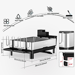 SanDream Dish Drying Rack, Stainless Steel Dish Rack for Kitchen Counter, Dish Drainer for with 360° Rotatable Drain Spout & Utensil Holder, Saving-Space Kitchen Organizer with Cups Holder, Black