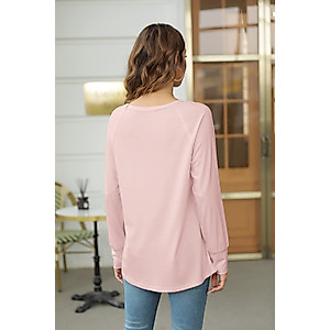 Womens Tunic Tops Long Sleeve Round Neck Soft Loose Long Blouse Shirts Side Split Casual T Shirt Pink