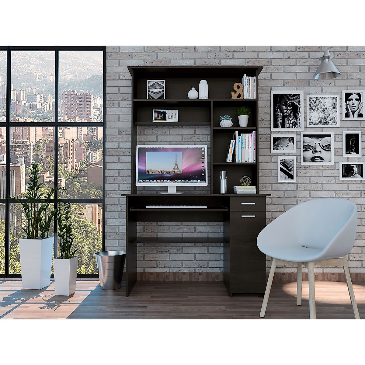 Bellemave Computer Desk with Hutch and Keyboard Tray, Home Office Desks with Drawers and Storage Shelves, Writing Study Desk Table, Modern Compact Workstation, Black