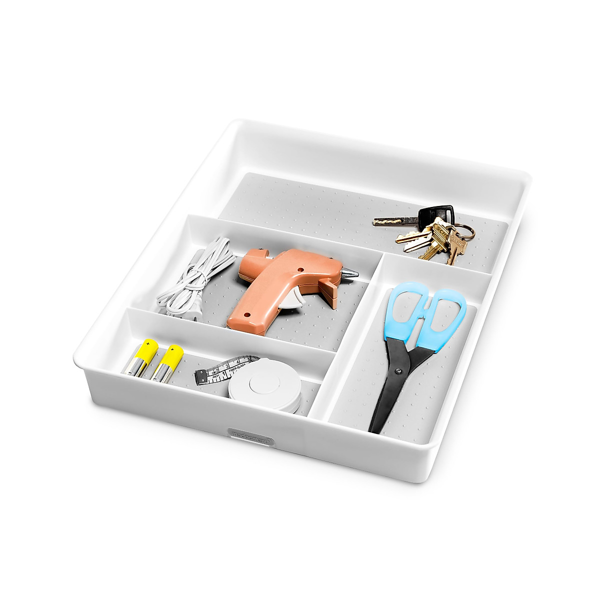madesmart - 15222 Basic Gadget Tray Organizer - White | BASIC COLLECTION | 4-Compartments | Multi-Purpose Storage | Non-slip Lining | Easy to Clean | Durable | BPA-Free