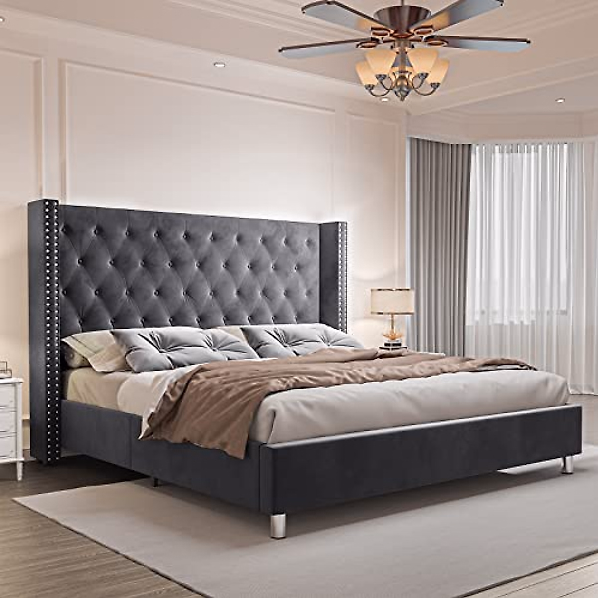 PaPaJet Tufted Upholstered Platform Bed Frame King Size Velvet Low Profile Platform Beds Raised Wingback Headboard with Strong Wooden Slats/Mattress Foundation/Easy Assembly, Dark Grey