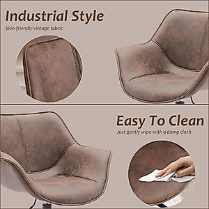 HOOLETE Vintage Faux Leather Desk Chair, Mid Century Modren Office Chair with Wheels, Ergonomic Computer Task Chair, Swivel Upholstered Vanity Chair with Arms for Makeup, Brown