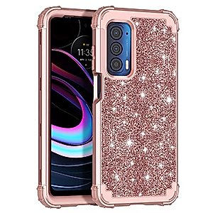 LONTECT Moto Edge 2021 Case, 5G UW Sparkly Glitter Shockproof Hybrid Protective Cover - Shiny Rose Gold