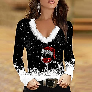 womens halloween costumes Womens V Neck Long Sleeve Tshirt Fashion Christmas Printed Slimming Fit Casual Blouse 2023 Autumn Lightweight Cozy Tunic Tops Cute Snowflake Graphic Tee(2-Black,Large)