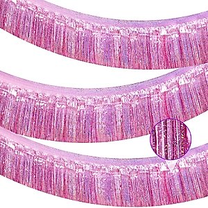 3 Pack×10Ft Pink Iridescent Foil Fringe Banner Party Decorations, Shiny Metallic Tinsel Streamers Hanging Garland Photo Booth Backdrop Wall for Wedding Birthday Bachelorette Party Supplies