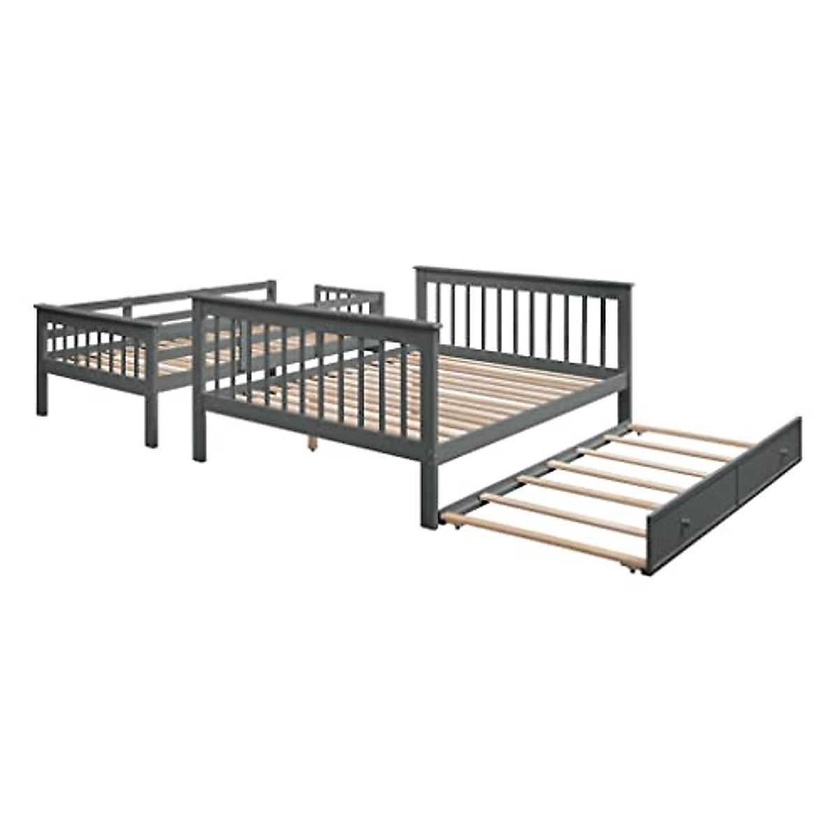 FIQHOME Stairway Twin-Over-Full Bunk Bed with Twin Size Trundle,Bunk Bed Frame Convertible into 2 Beds Storage and Guard Rail for Bedroom, Dorm, for Adults,Gray