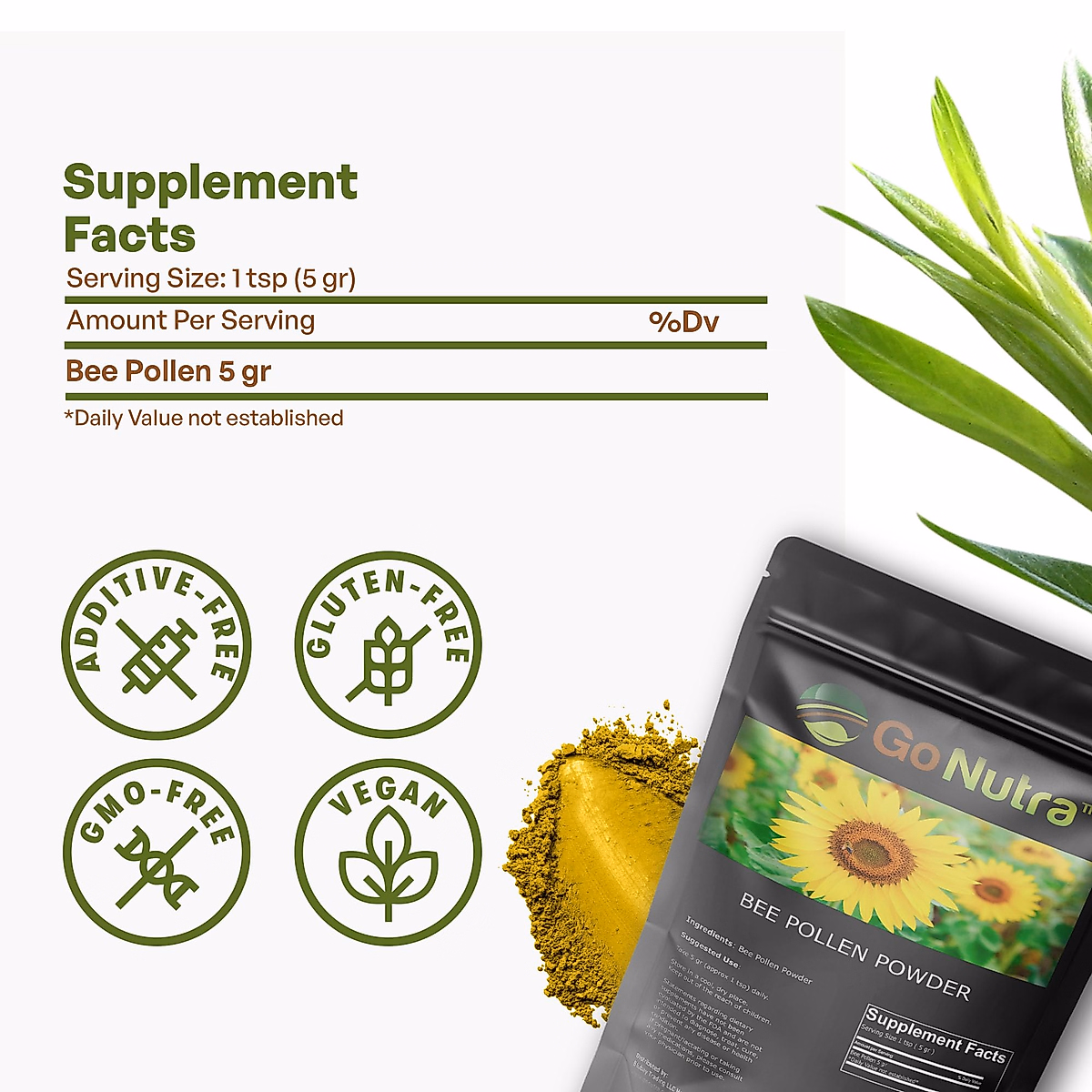 Go Nutra - Bee Pollen Powder, Pure Bee Pollen Powder, Bee Pollen Supplement for Humans, Dogs, Bearded Dragon, and More, Non-GMO, Gluten-Free, Vegan, 8 oz