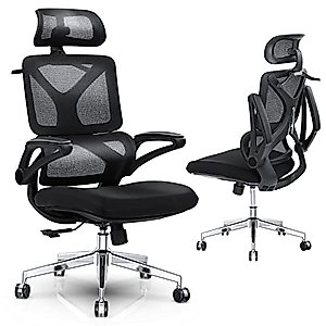 Memobarco Office Chair, Ergonomic Desk Chairs with Flip Up Armrest and Lumbar Support, Computer Mesh Chair with Adjustable Headrest and Tilt Function for Home Office Task