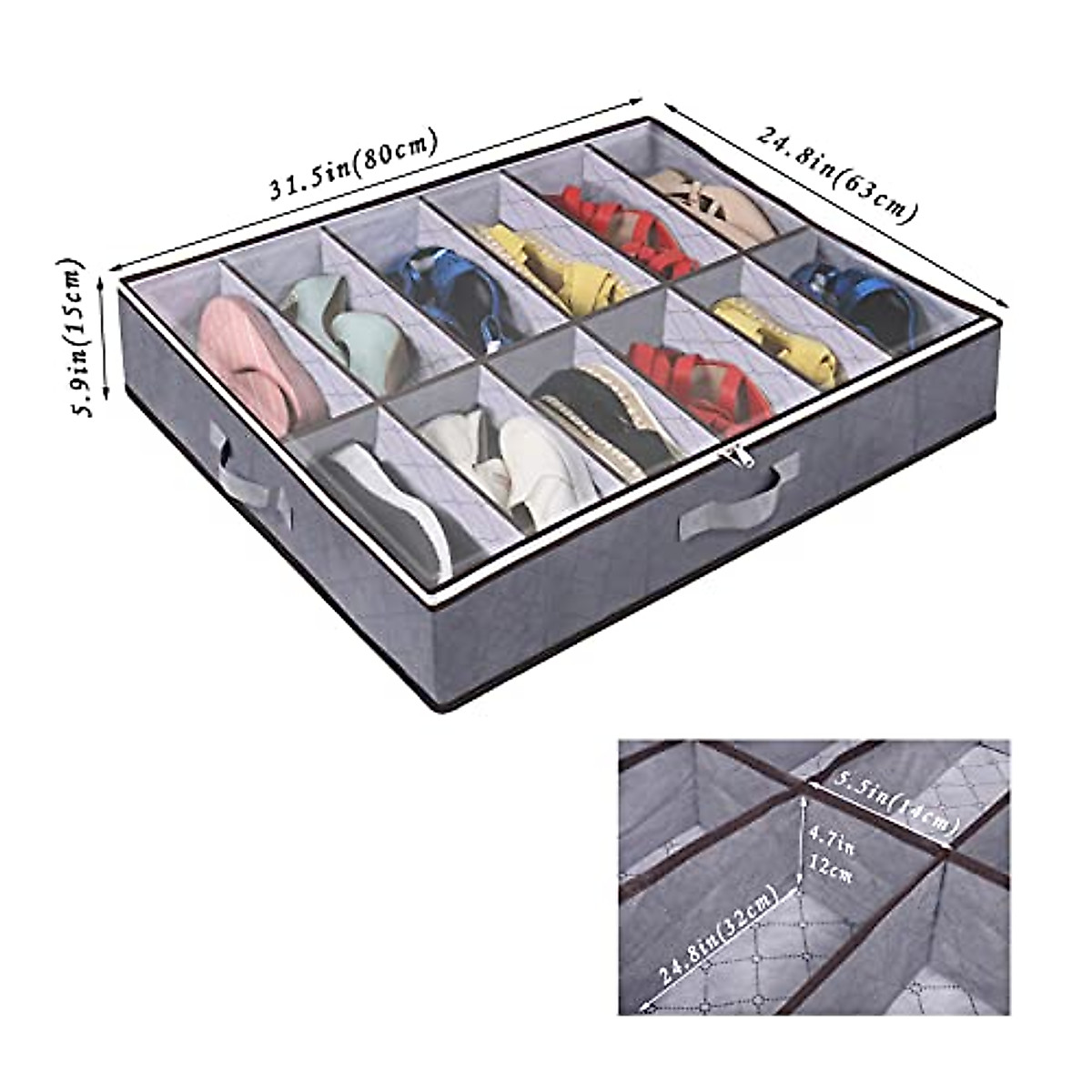 Under Bed Shoe Storage Organizer, Adjustable Dividers - Set of 2, Fits 24 Pairs Total - Underbed Storage Solution Gray