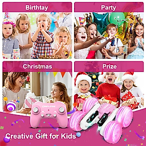 TRIPLEFINE Remote Control Car for Girls, LED Fast Stunt RC Car, 2.4GHz RC Cars, 4WD Double Side 360° Rotating Car Toys for 6 7 8 9 10 11 12 Girls Birthday(pink)