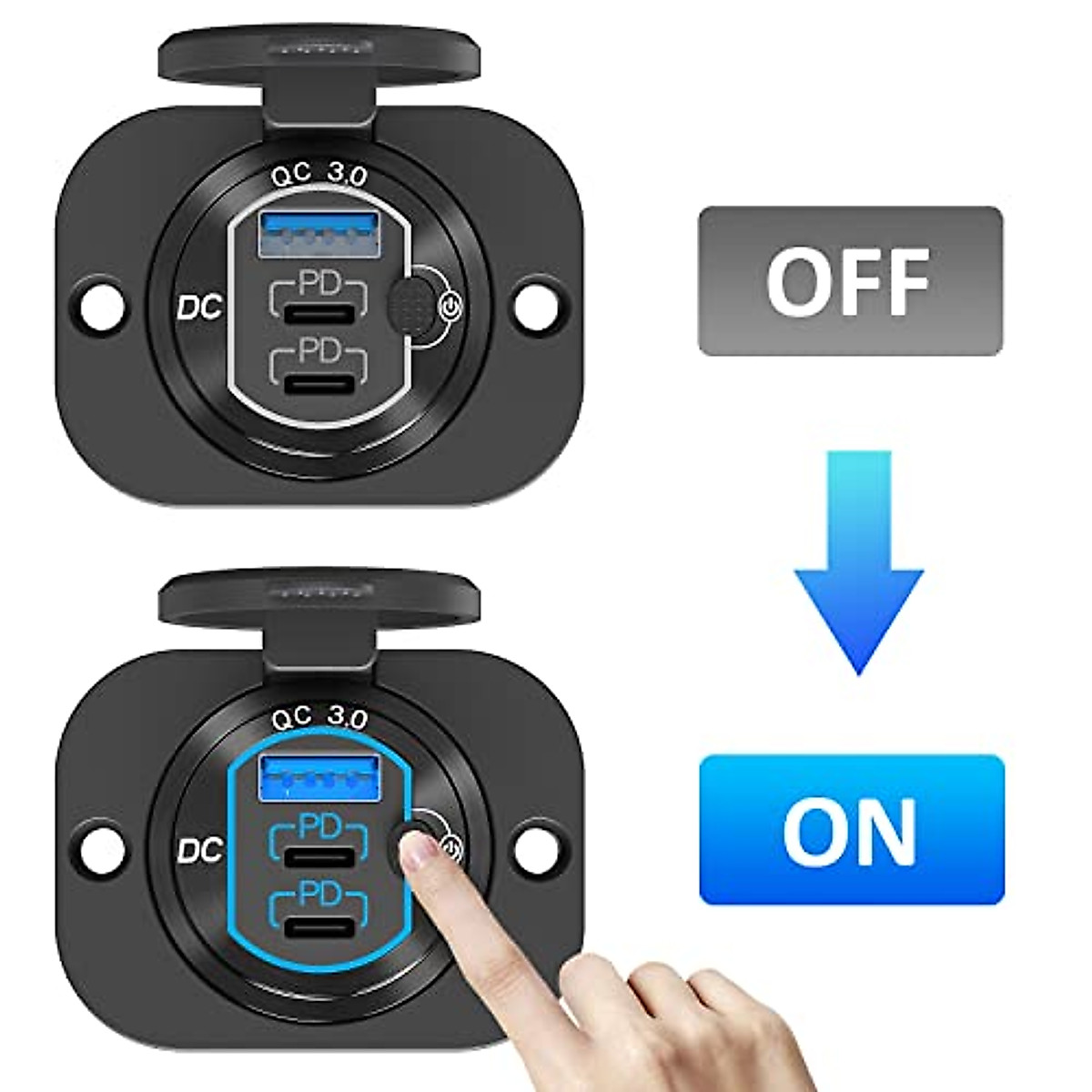 12v USB Outlet USB C Aluminum Car Charger Socket 2 Pack: Newest 58W Lengthened RV USB Outlet 12v Socket Dual USB-C 20W PD3.0 and 18W QC3.0 Car USB Port with Button Power Switch Mounting Panel
