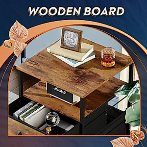 DEVAISE 2 Drawer Mobile File Cabinet, Rolling Printer Stand with Open Storage Shelf, Fabric Vertical Filing Cabinet fits A4 or Letter Size for Home Office, Rustic Brown Wood Grain Print