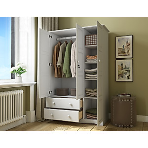 Palace Imports 100% Solid Wood Grand Wardrobe Armoire w/Lock, White, 4 Small Shelves, 1 Clothing Rod, 2 Drawers, 45.8" w x 72" h x 20.75" d, Renewable Eco-Friendly Wood, Made in Brazil