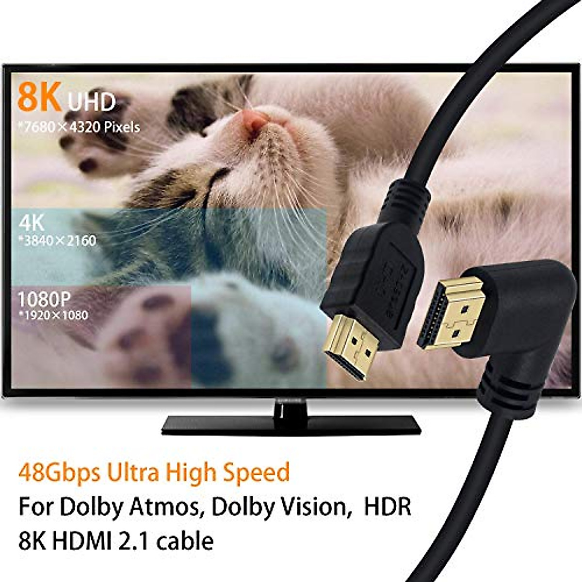 Poyiccot 8K HDMI Cable 2feet, HDMI 2.1 Cable 90 Degree Left Angle HDMI Male to Male 8K HDMI Cable 48gbps 2.1 Cable Support 8K@60Hz 4K@120 7680P 8K HDMI 2.1 Cable for TV/Xbox /PS4 /PS5(M/M Left)