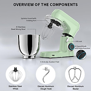 ZZR SEVEN Stand Mixer, Dough Mixer, Cake Mixer, Kitchen Mixer with Bowl SS 5.5 QT, 450W Copper Motor, Standing Mixer with Beater, Dough Hook, SS Egg Whisk (450W Green)