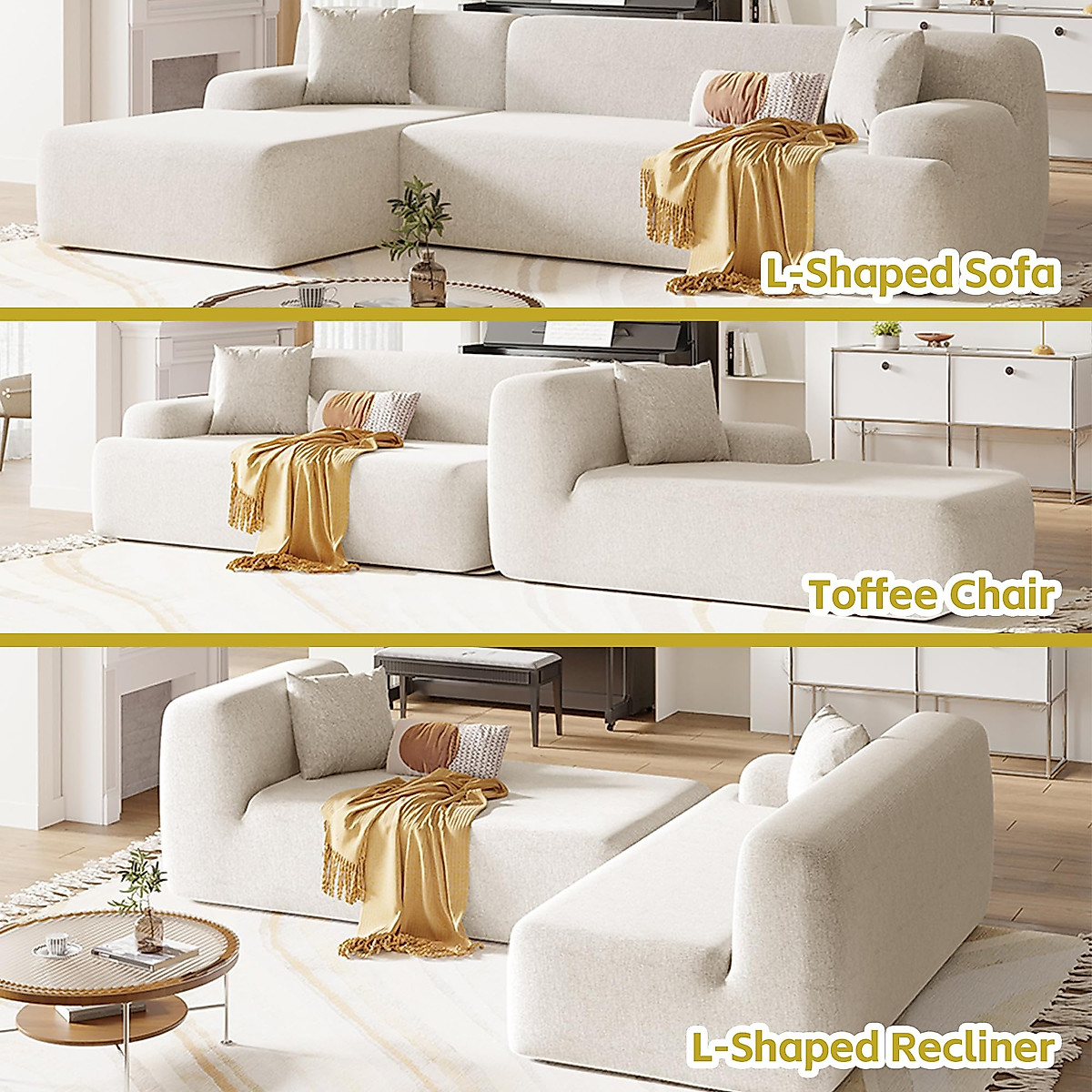 Yoglad Minimalist Style Modern L Shape Sectional Sofa Set, 3 Seat Upholstered Cloud Couch with Chaise Lounge - for Living Room,Bedroom,Apartment(Chenille Cream)
