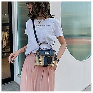 BZGWECD Handmade Rattan Crossbody Bags for Women, Summer Straw Bag Handbags Beach Bag PU Summer New Flap Crossbody Bag (Color : Black, Size : 18x8x15cm)