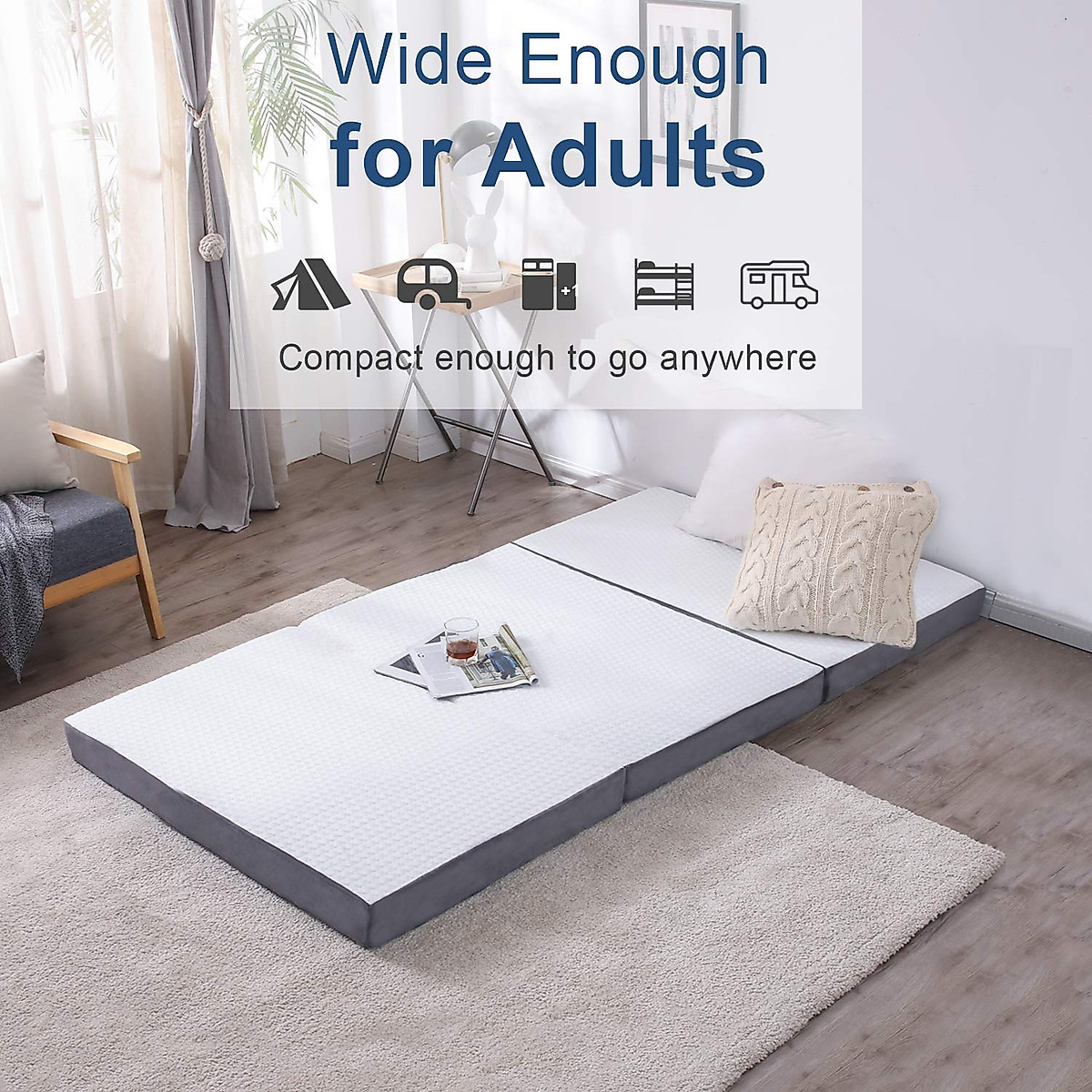 GOHOME 6.0 Inch Folding Mattress Single Camping Mattress with Super Soft Removable Cover, Folding Bed Twin Mattress with Non-Slip Bottom for Back Pain Relief, Twin 38"x75"x6"