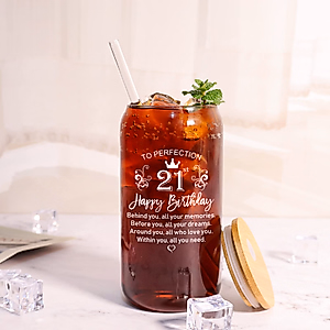21st Birthday Gifts for Her, Happy 21st Birthday Decorations for Her, Funny 21 Year Old Birthday Gift Ideas for Her, Friends, Sister, Daughter - 16 Oz Can Shaped Glass Cups with Lids and Straws