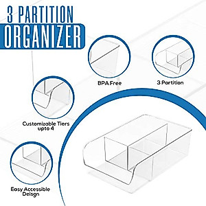 Utopia Home Pack of 04 Fridge and Pantry Organizer Bins for Food Packet, Seasoning Mix, Spices/Sauce Pouches, Snacks - 3 Divided Section Storage for Kitchen, Cabinet, Counter top & Bathroom