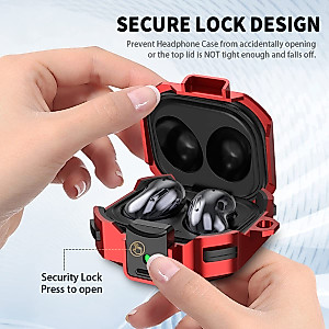 [with Lock] Armor Cover for Galaxy Buds Pro Case/Galaxy Buds 2 Case/Galaxy Buds Live Case,Shockproof PC+TPU Protective Cover for Samsung Buds 2/Buds Pro/Buds Live with Keychain&Wrist Strap&Brush(Red)