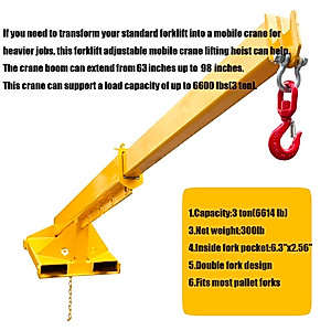 BREVELTION 6600LB Forklift Mobile Crane, Lifting Forklift Extension Attachments Jib Boom Crane, W/Telescopic Boom 63"-98", for Forklift Towing Handling