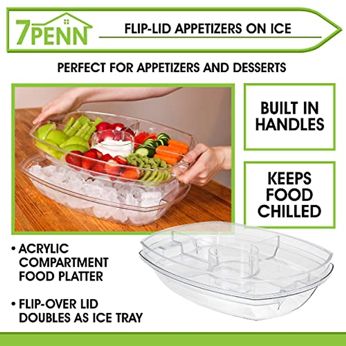7Penn Acrylic Appetizer Serving Tray - 4 Compartment Transparent Chilled Serving Platter with Flip-Over Ice Tray Lid