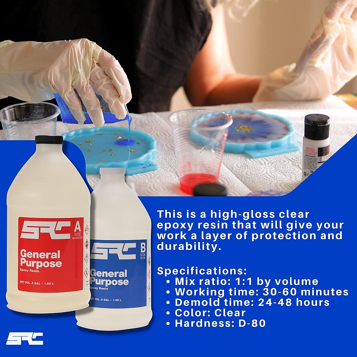 SPRESIN Clear 2 Part Epoxy Resin Kit for General Purpose, Tabletops, Wood Countertops, Encapsulation, Self-Leveling, Water Resistant, Impact Resistant - 1 Gal (0.5-Gal Part A + 0.5-Gal Part B)