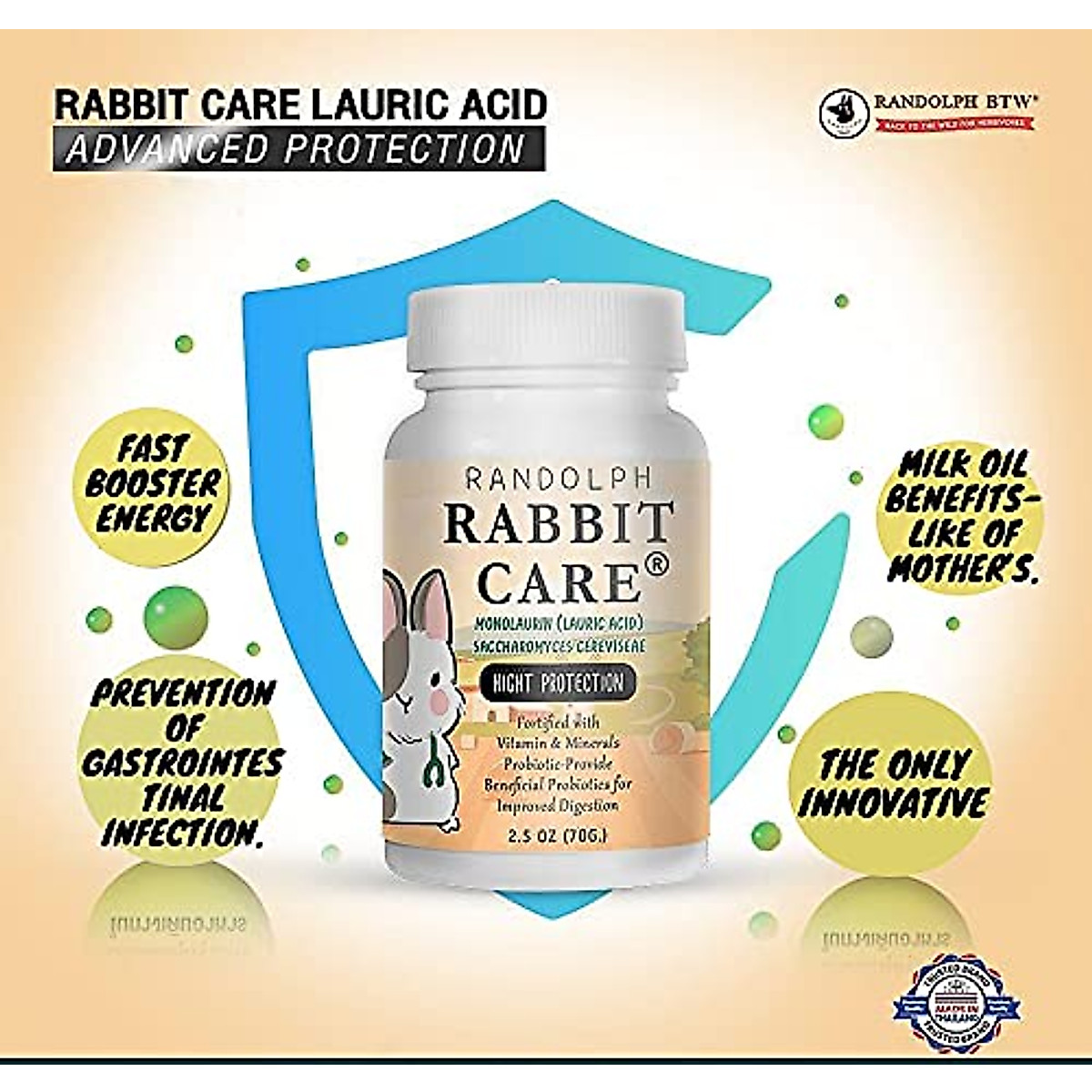 RANDOLPH Rabbit Food Care 70 g. MONOLAURIN LAULIN Acid High Protection Formula Rabbit Vitamin & Mineral Probiotics Improved Digestion Best Prevent Healthy for All Small Animal Bunny Food Rabbit Feed