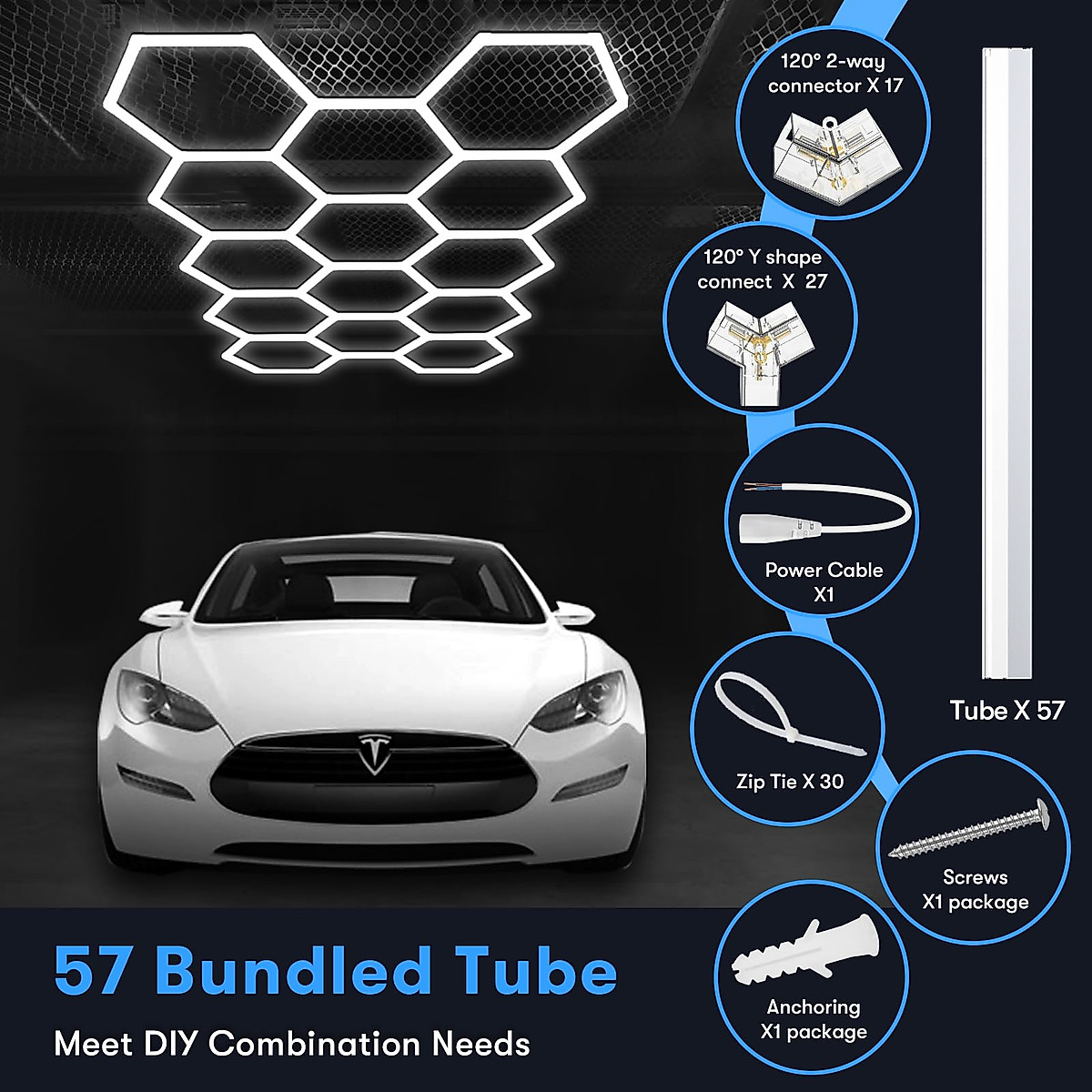 Hexagon Garage Light,57 Pack 14 Hexagon Honeycomb Lights,368W 39376LM Hexagon LED Lights,6500K Super Bright LED Hexagon Garage Light,LED Hexagon Lights for Garage Workshop Basement Gym Warehouse